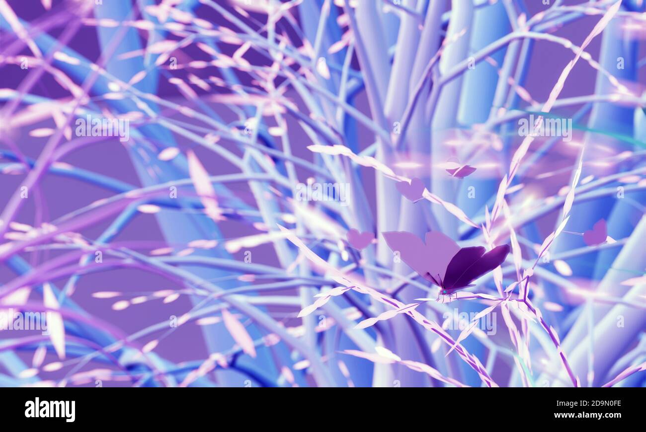 beautiful low poly butterfly sitting on pink tree branch in fairy ...