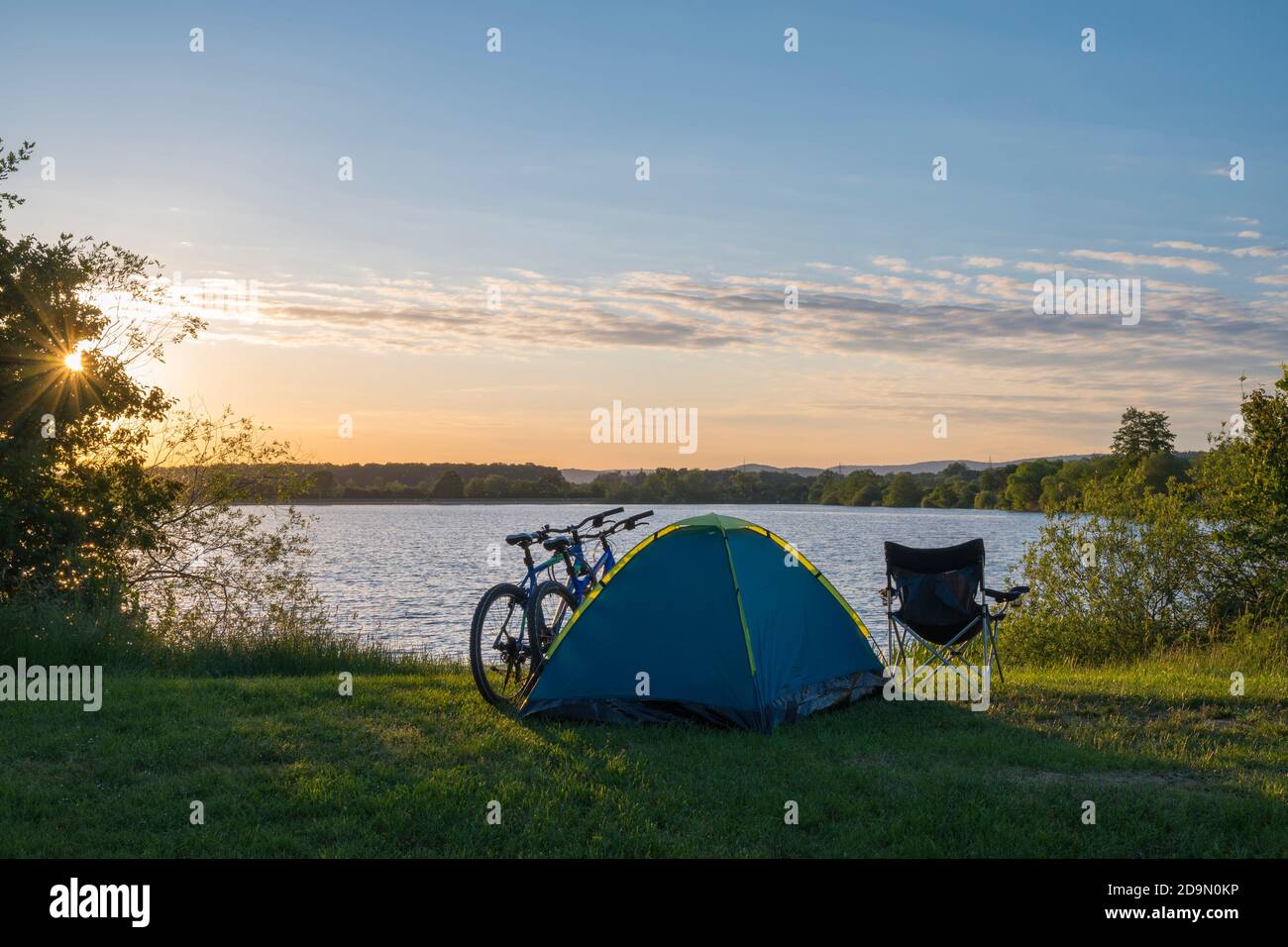 Lake, tent, bike, sunrise, spring, Langenselbold, Kinzigsee, Hesse ...