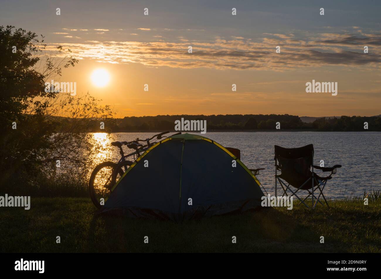 Lake, tent, bike, sunrise, spring, Langenselbold, Kinzigsee, Hesse ...