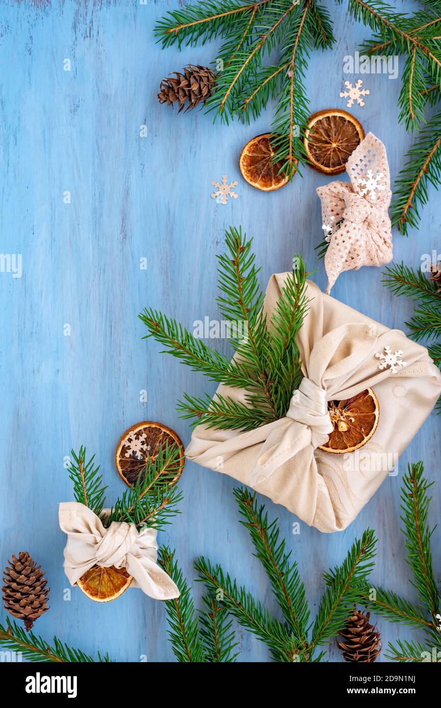 Vertical Christmas card with gifts and Christmas tree branches Stock ...