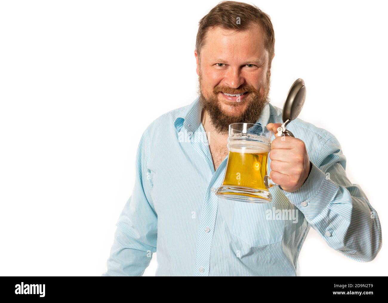Solid smiling bearded man in shirt with beer mug studio portrait on ...