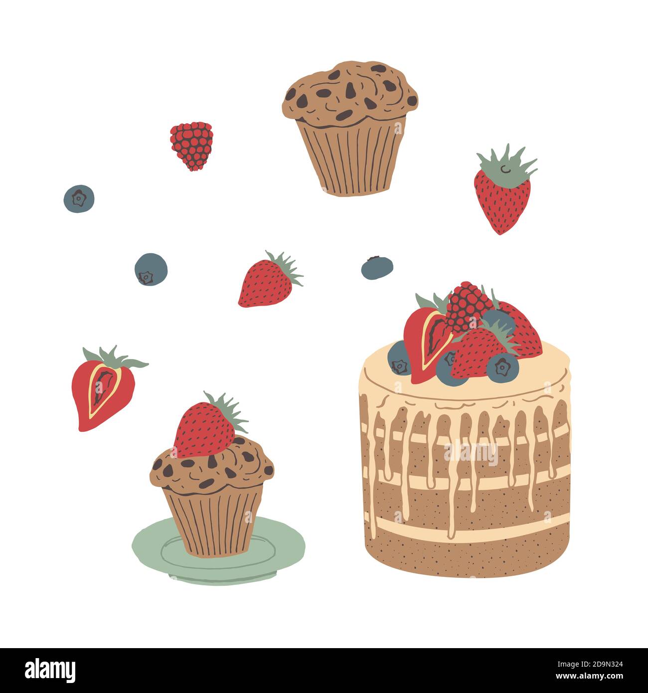 Elegant minimalistic hand drawn tasty layered fruit cake and berries ...