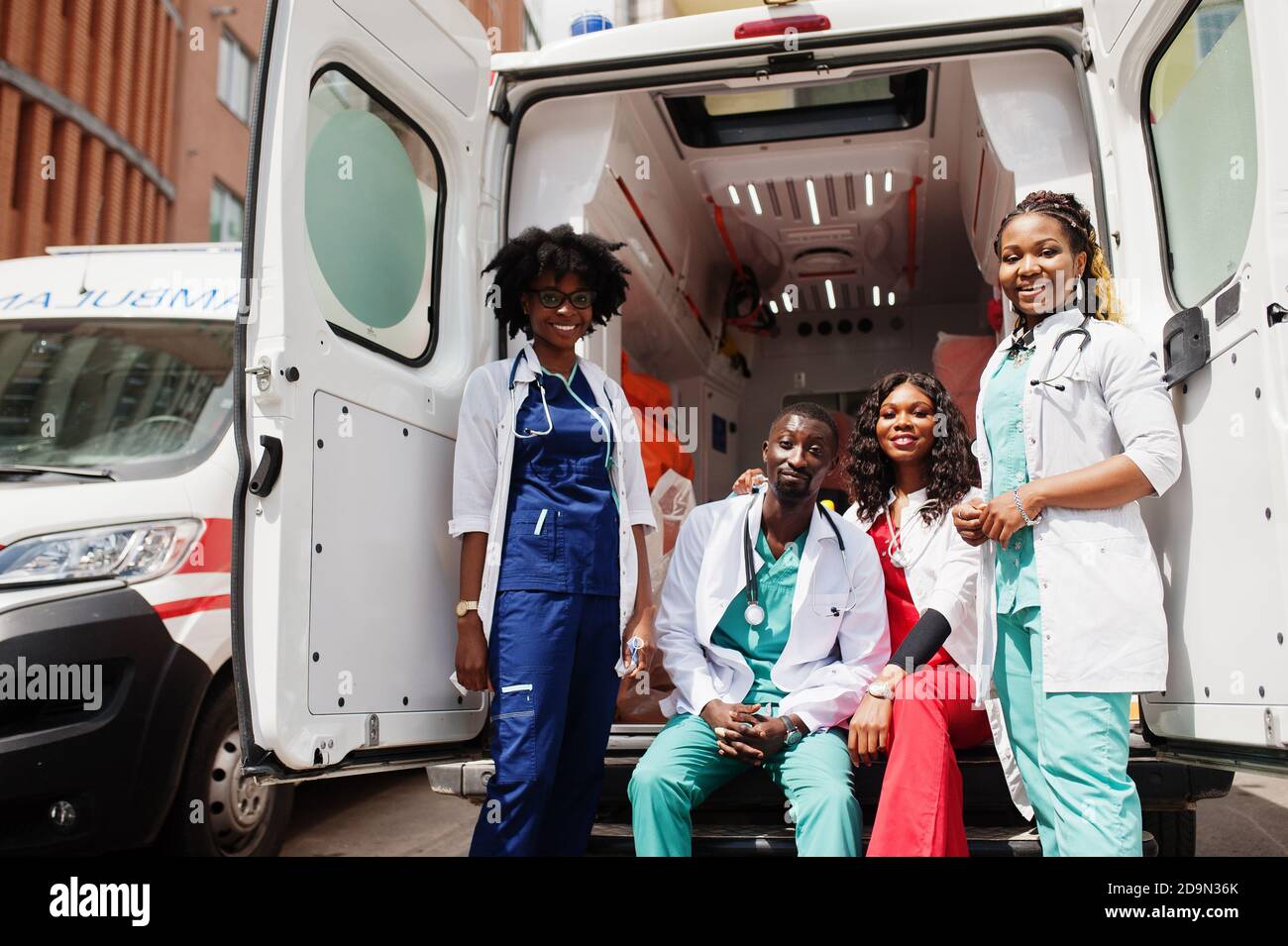 Group of african paramedic ambulance emergency crew doctors Stock Photo ...