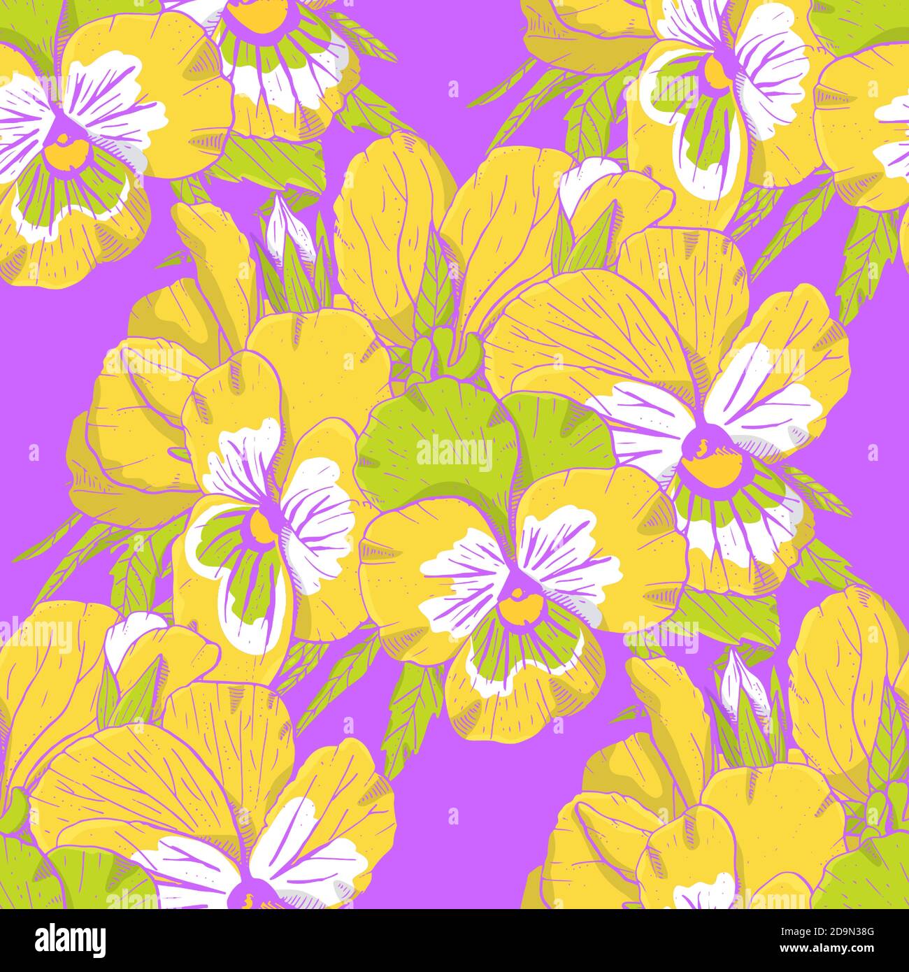 Colorful floral seamless pattern with hand drawn pansy flowers on ...