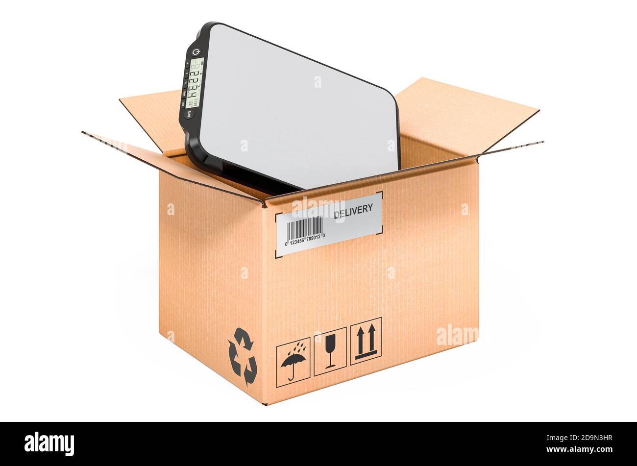 Digital kitchen scales inside cardboard box, delivery concept. 3D ...