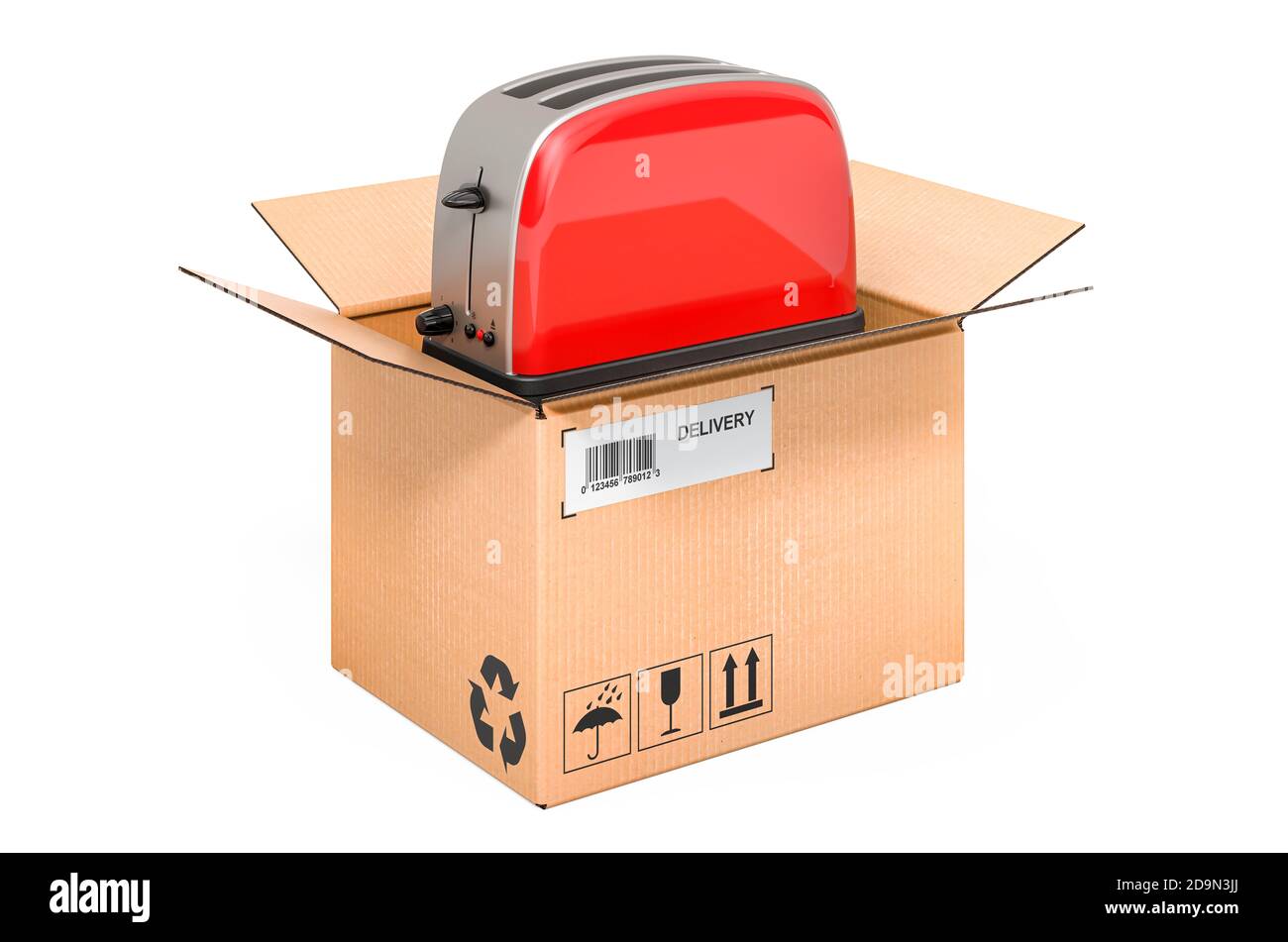 Toaster inside cardboard box, delivery concept. 3D rendering isolated ...