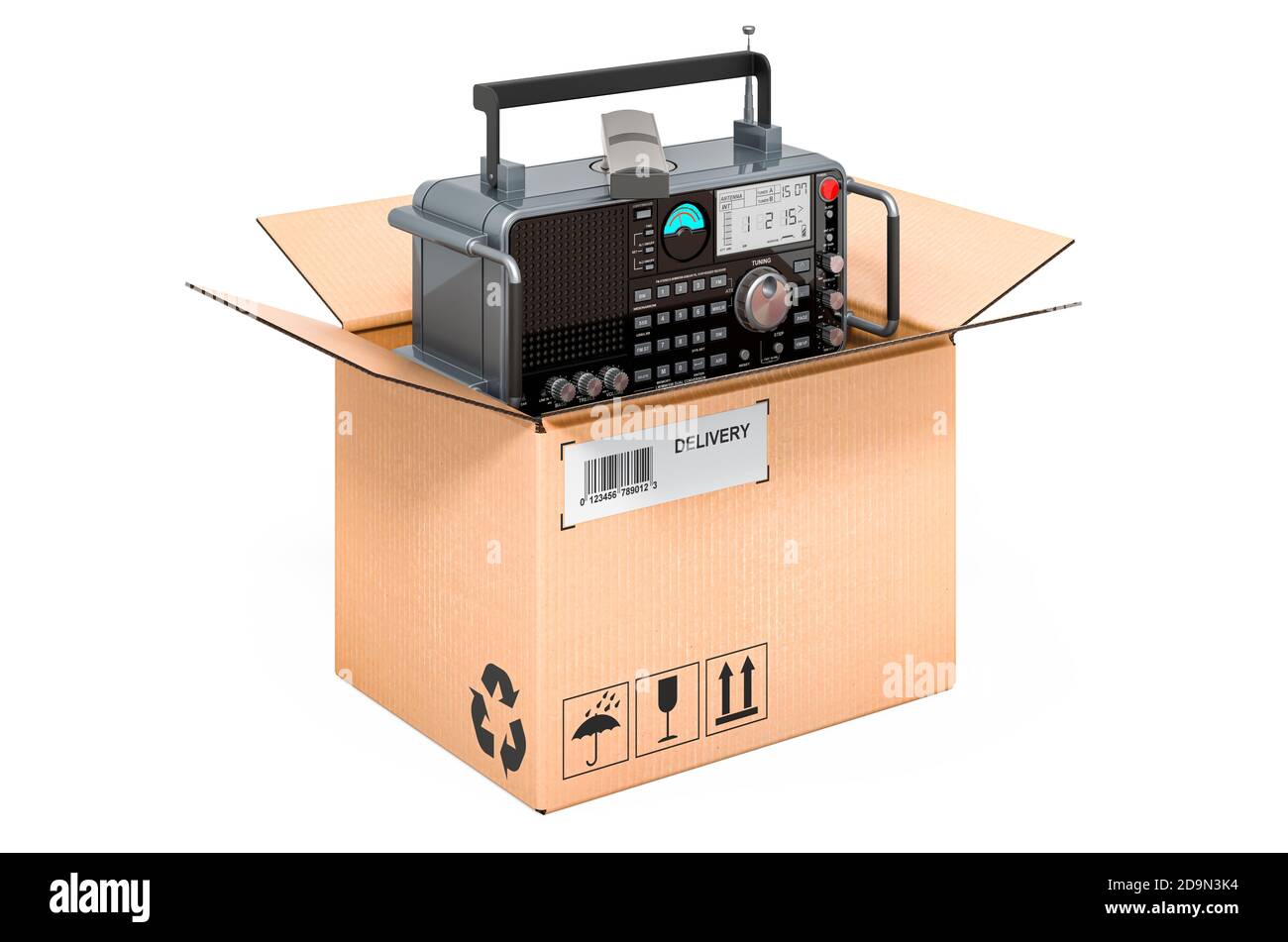 Modern digital receiver inside cardboard box, delivery concept. 3D ...