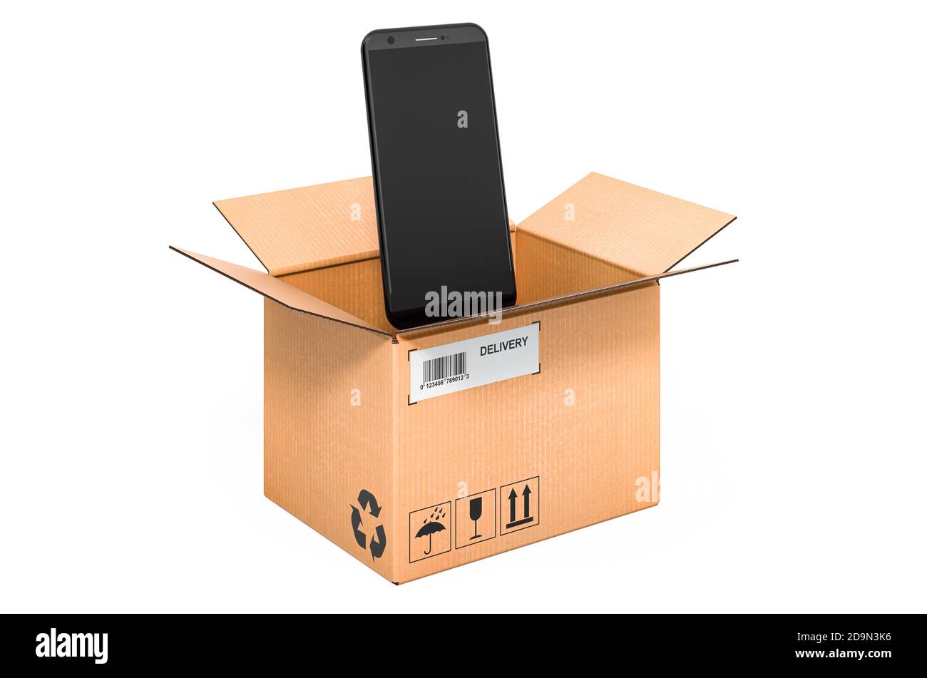 Smartphone phone inside cardboard box, delivery concept. 3D rendering ...