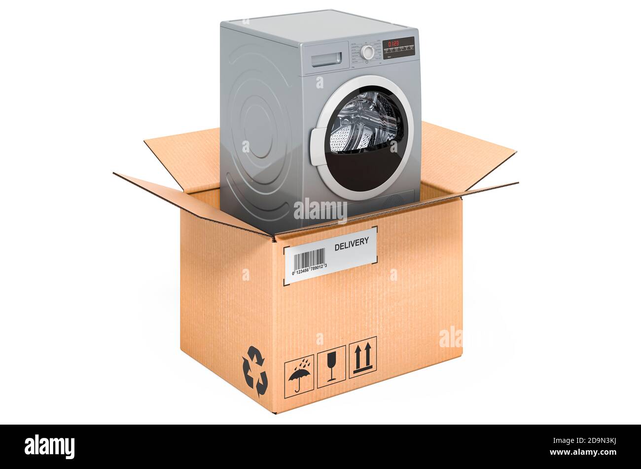 Tumble dryer inside cardboard box, delivery concept. 3D rendering ...