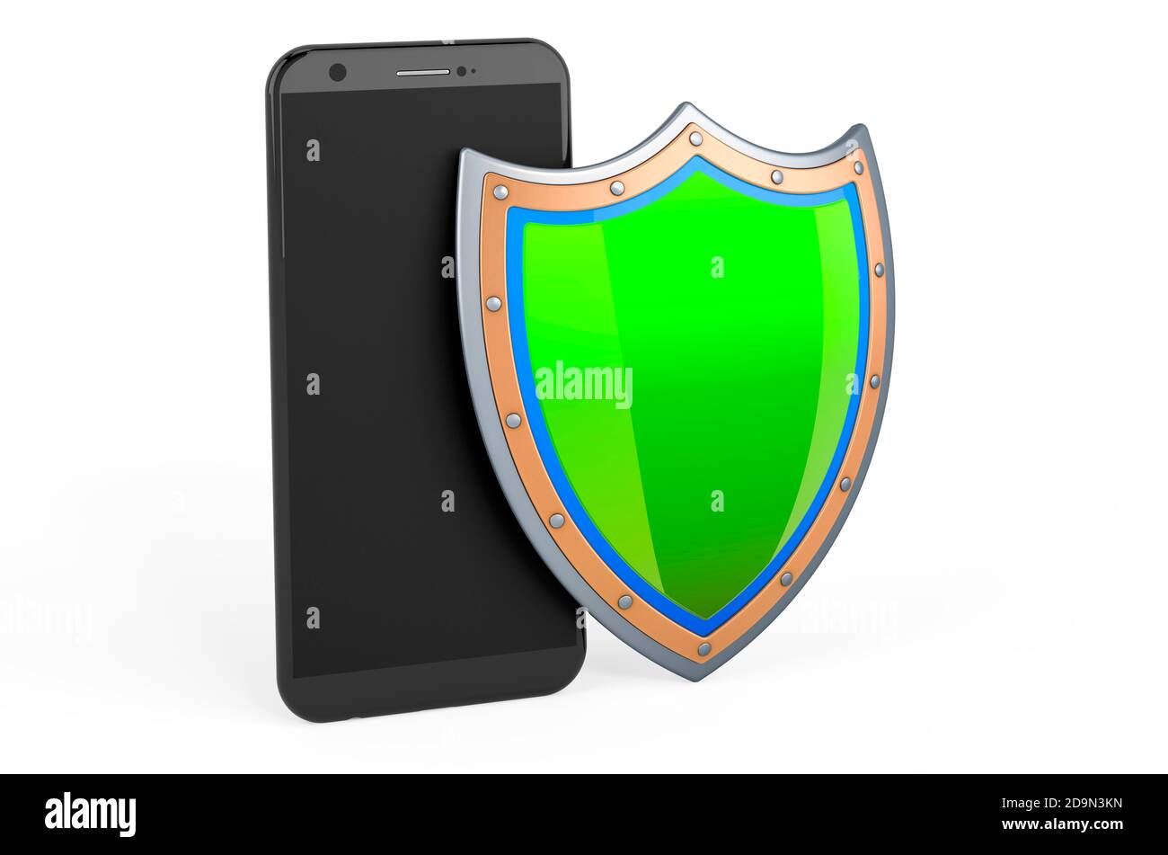 Smartphone phone with shield, 3D rendering isolated on white background ...