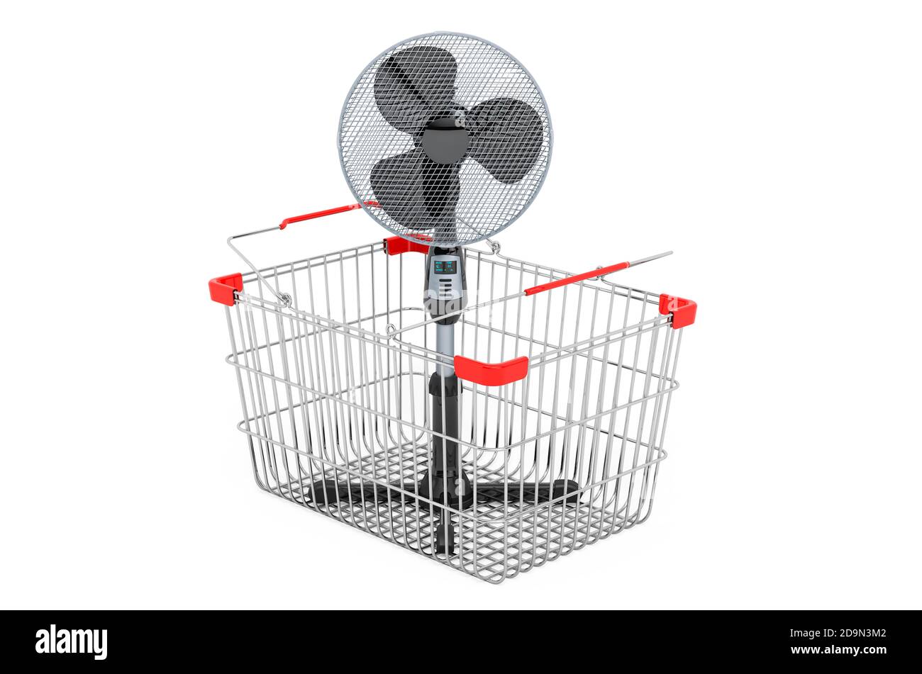 Standing pedestal fan inside shopping basket, 3D rendering isolated on ...