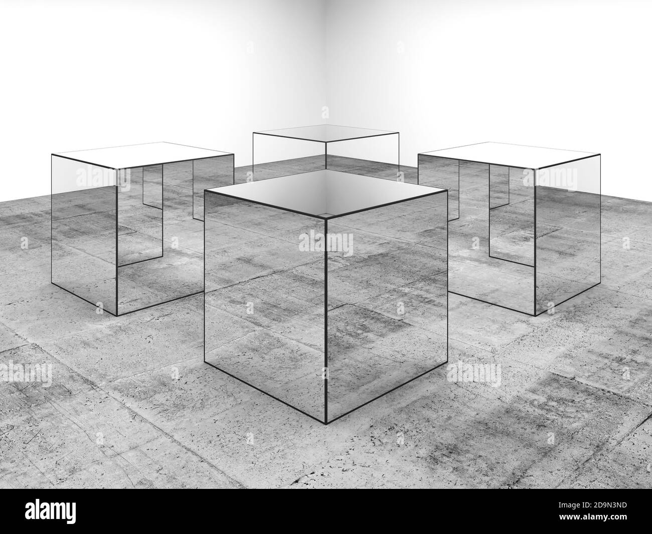 Four mirror cubes stand in white room interior with gray concrete floor ...