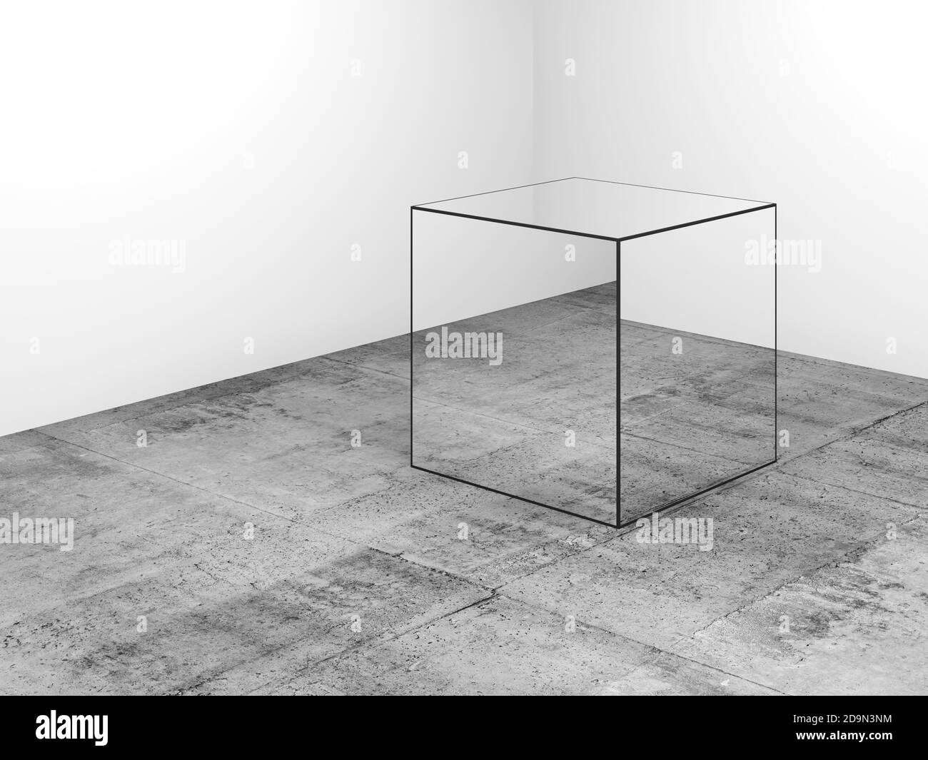 Mirror cube stands on concrete floor in a white empty room, abstract ...