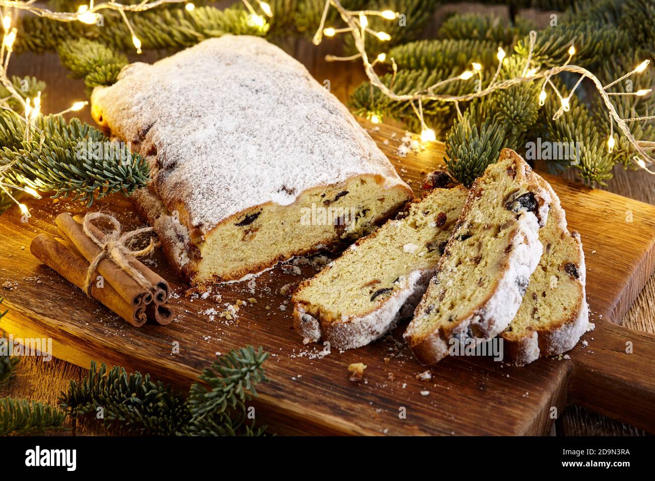 Traditional Christmas stollen dessert with candied fruit. Holiday ...