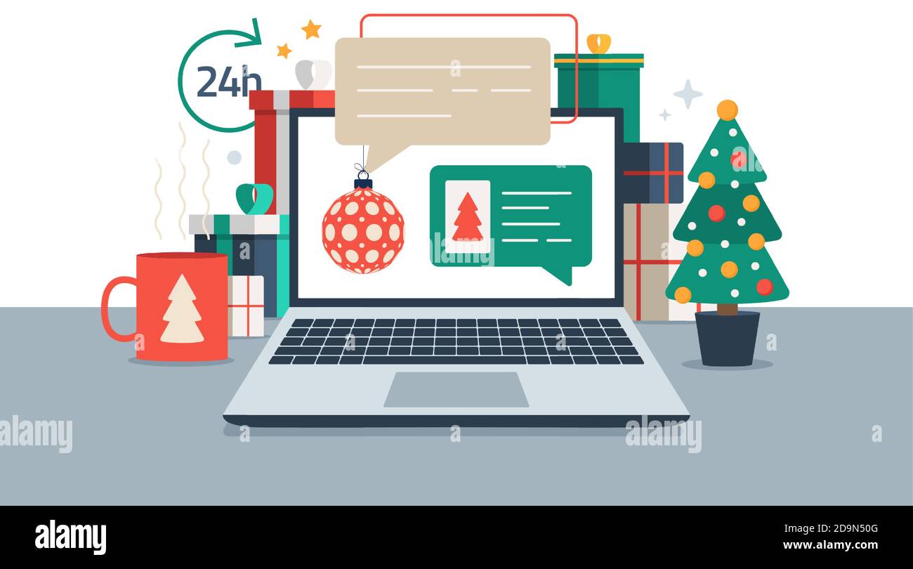 Christmas chatting on laptop. Chat messages on computer online vector ...