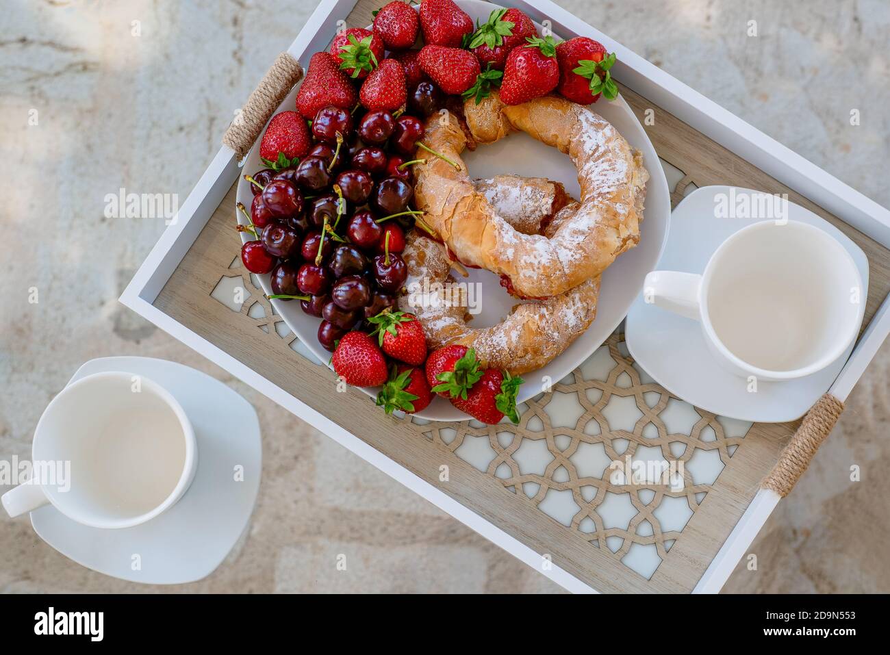 Summer breakfast served on the terrace Stock Photo - Alamy