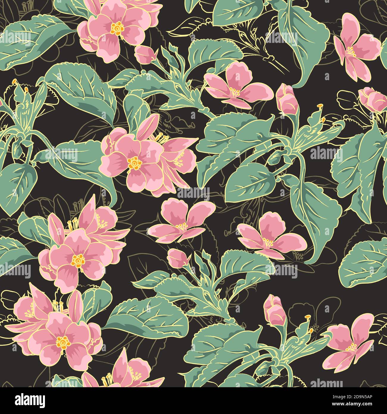 Black background flower patten Red flower yellow leaf Stock Vector ...