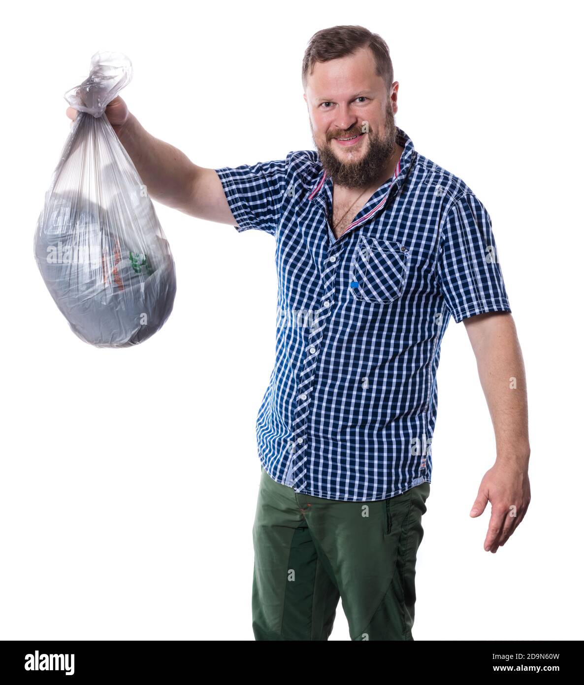 Joyful bearded man in shirt with plastic garbage package waste disposal ...