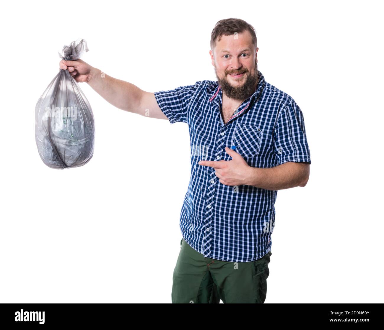 Joyful bearded man in shirt with plastic garbage package waste disposal ...