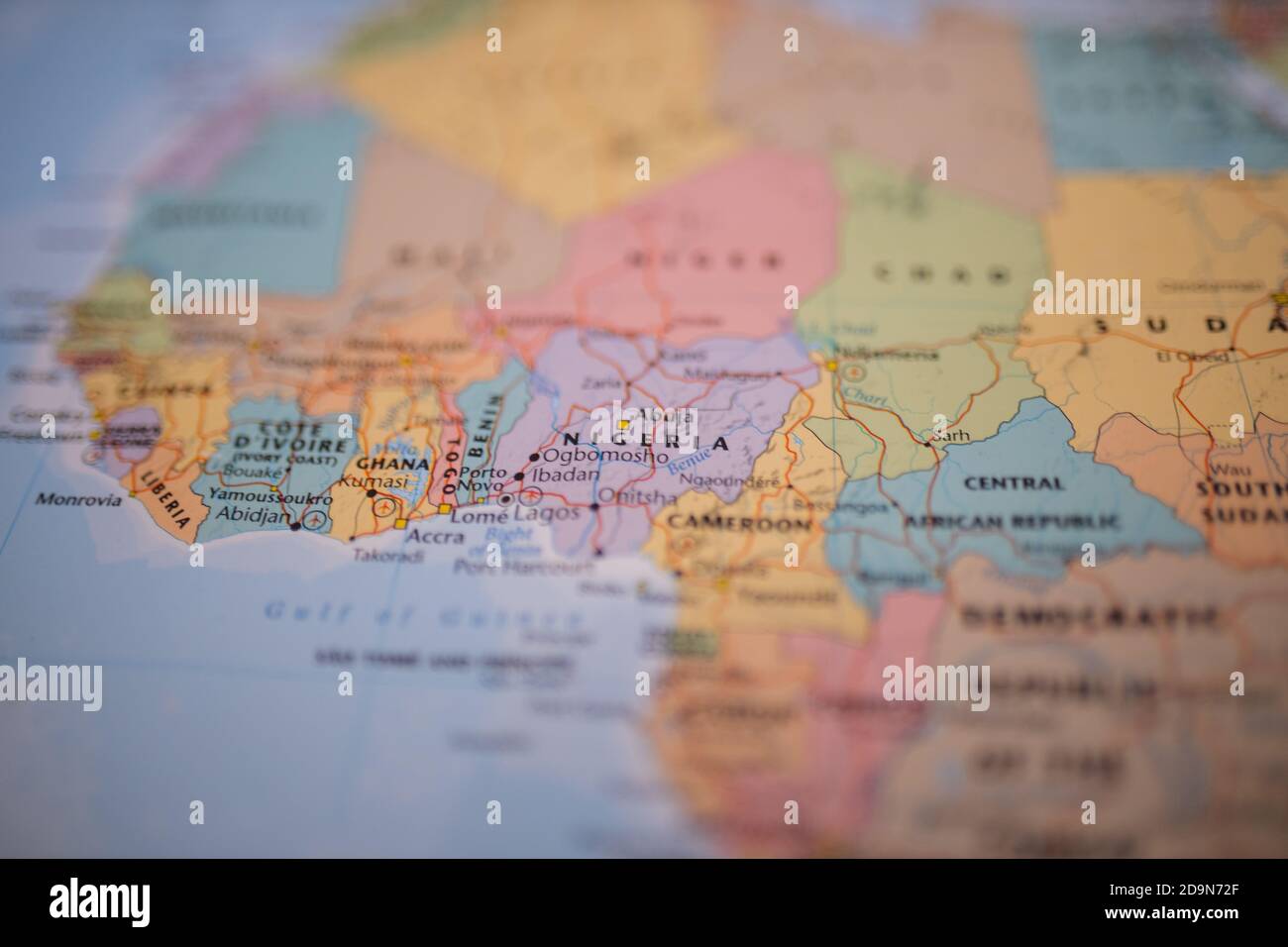 Nigeria on a colorful and blurry map of West Africa with its main ...
