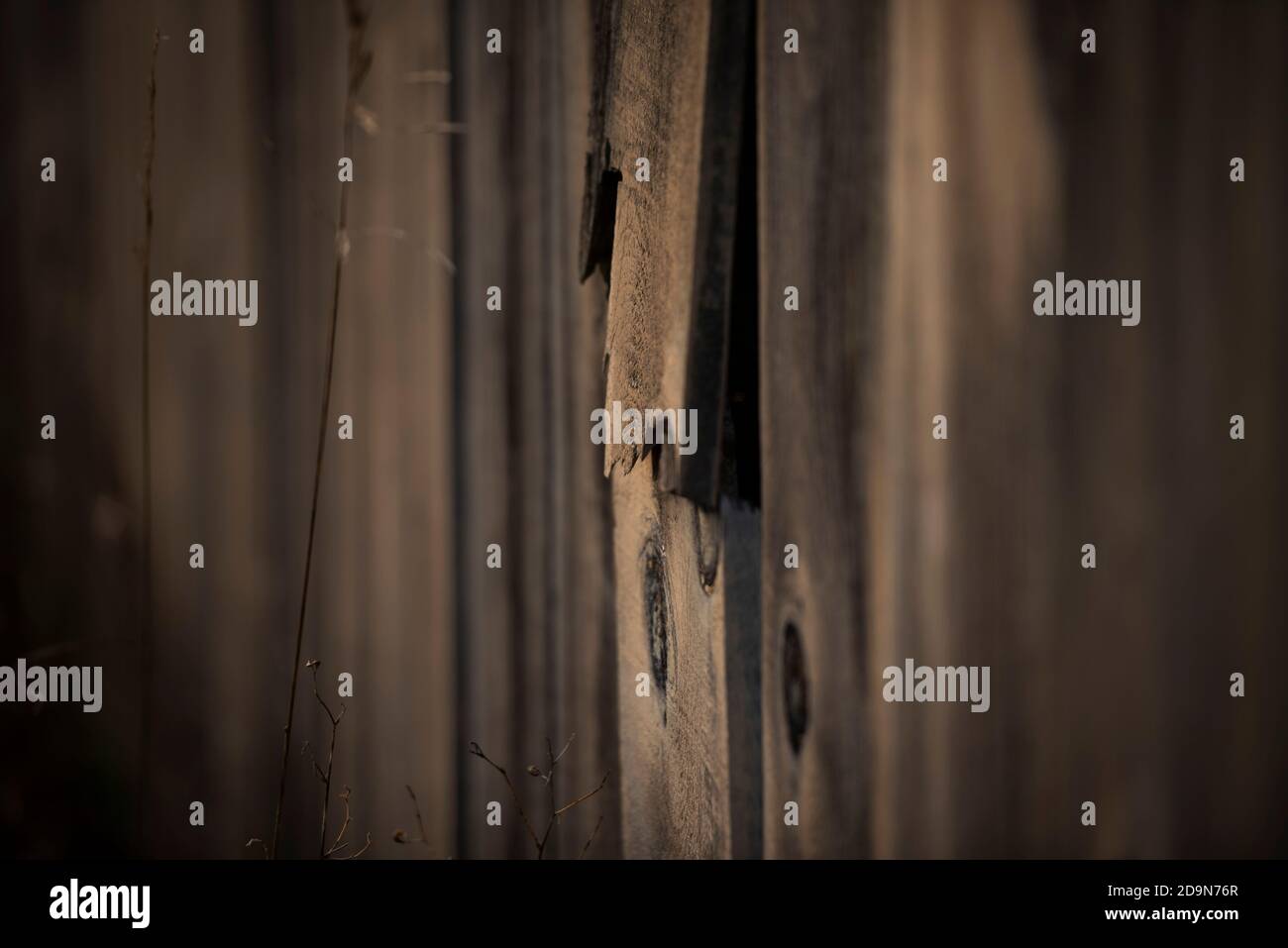 A broken barn board is pushed out of alignment by settling forces in an ...