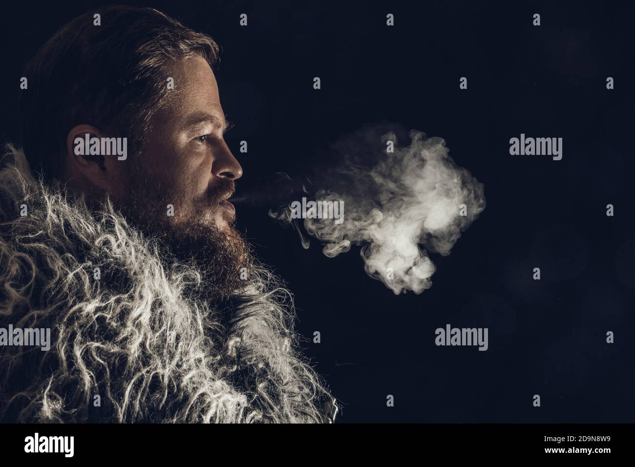 Solid bearded man dressed in a fur mantle exhaling vapour from his ...