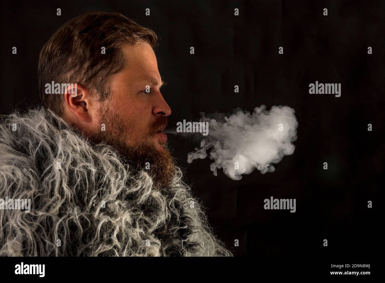 Solid bearded man dressed in a fur mantle exhaling vapour from his ...
