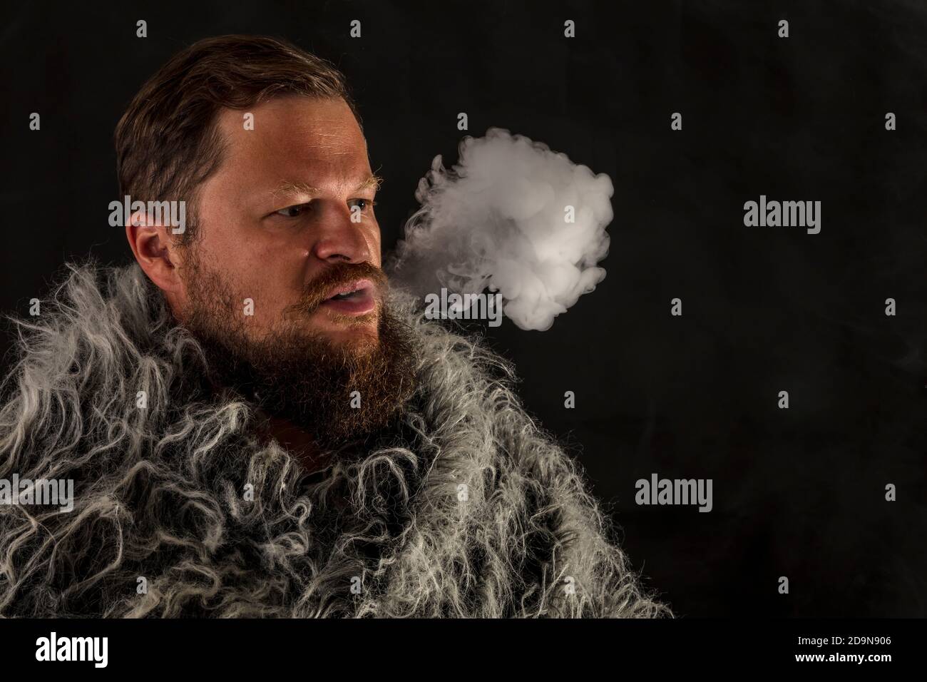 Solid bearded man dressed in a fur mantle exhaling vapour from his ...