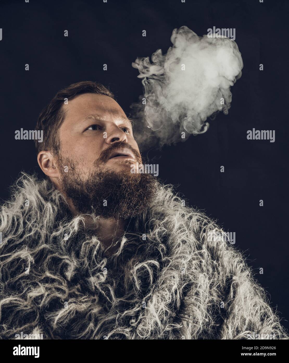 Solid bearded man dressed in a fur mantle exhaling vapour from his ...