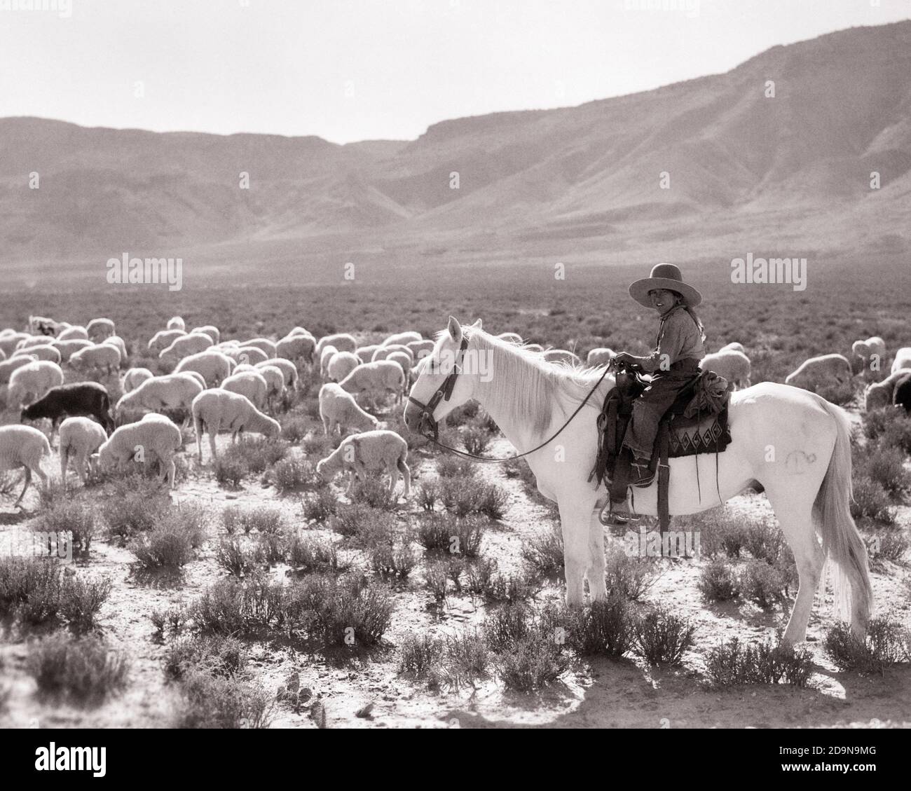 1930s 1940s YOUNG NATIVE AMERICAN INDIAN GIRL LOOKING AT CAMERA RIDING ...