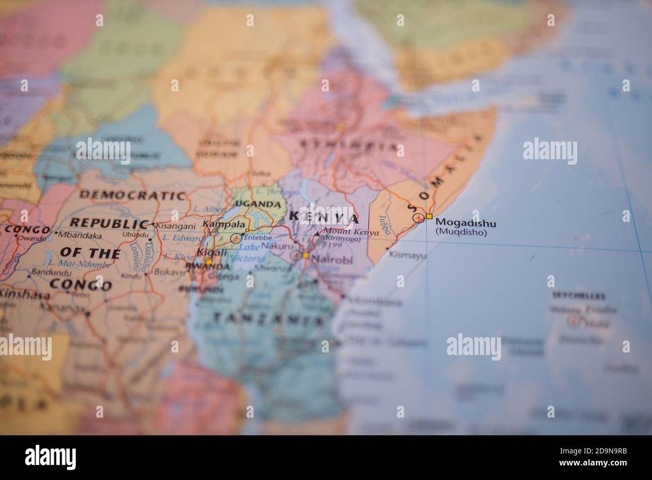 Kenya on a colorful and blurry map of Eastern Africa with its main ...