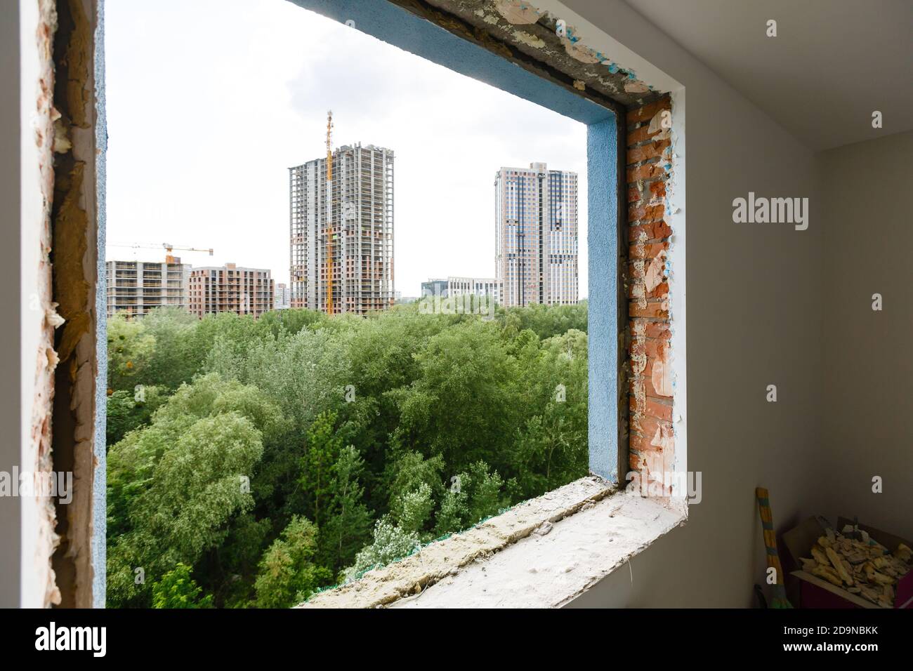 Empty frame on a wide panoramic window. Gorgeous view from the window ...