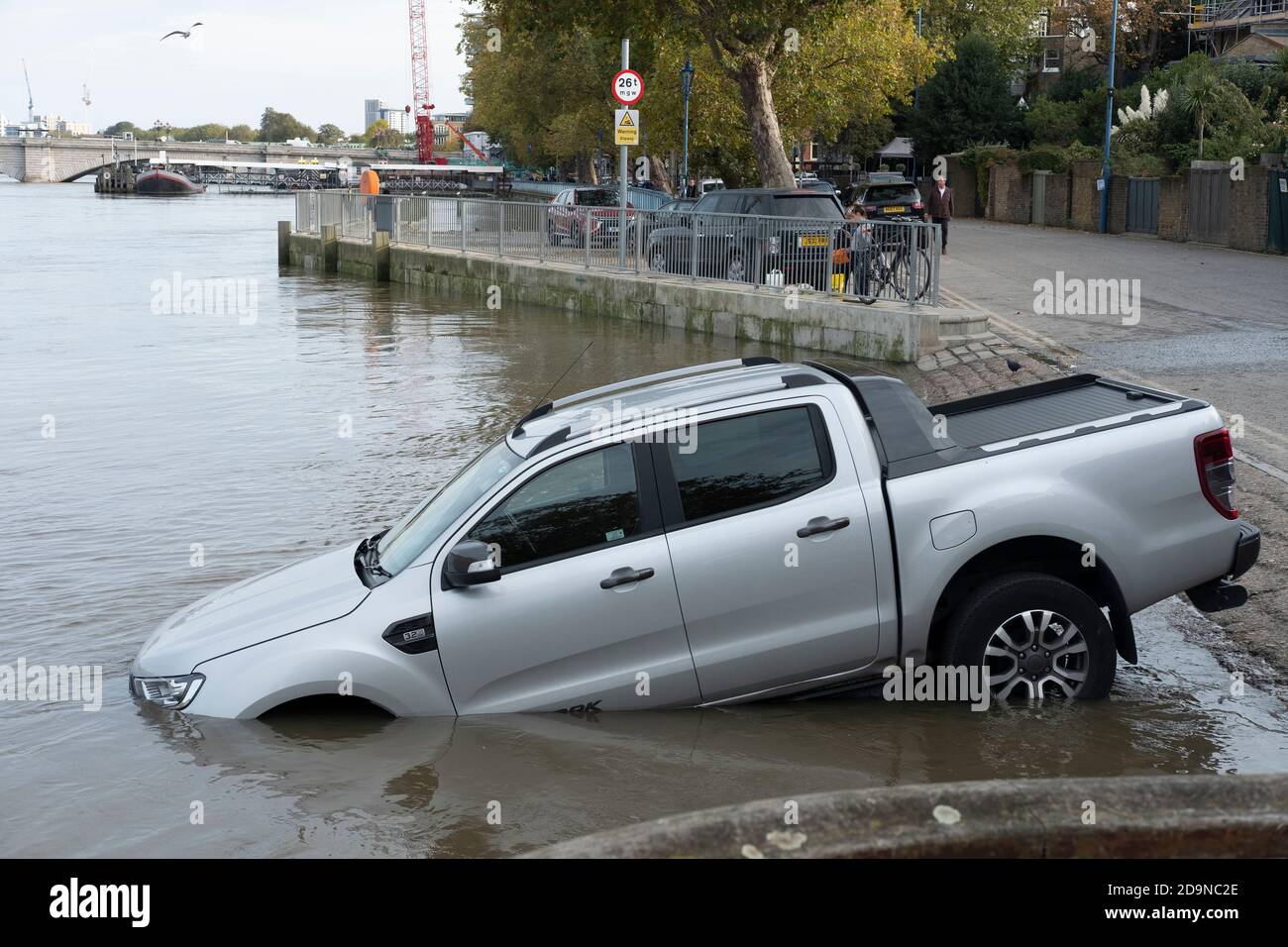 Four wheel drive pick-up truck parked at Putney riverside ,is getting ...