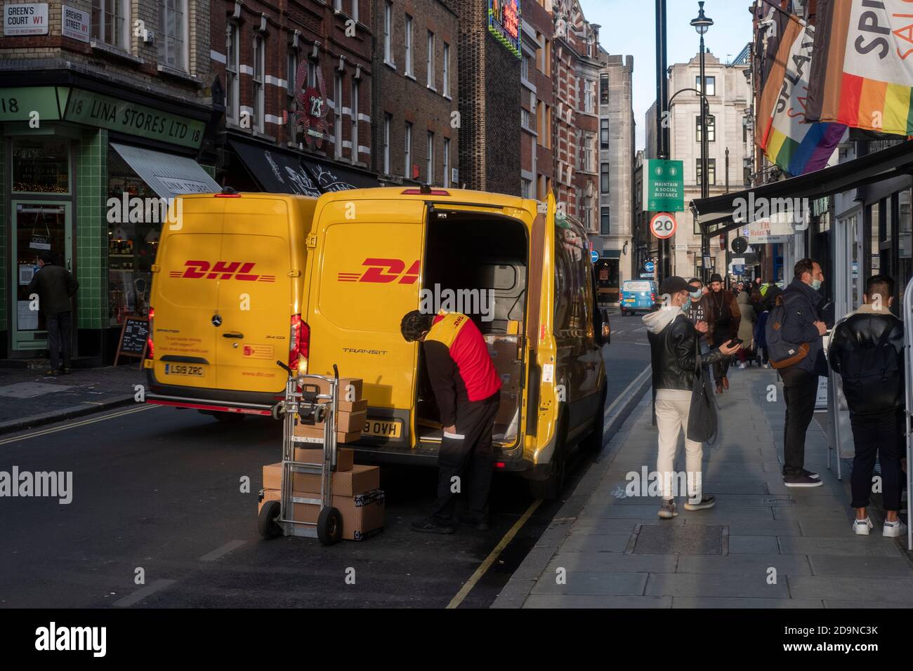 London,UK, DHL delivery vans on Brewers Street in Soho, during Lockdown ...