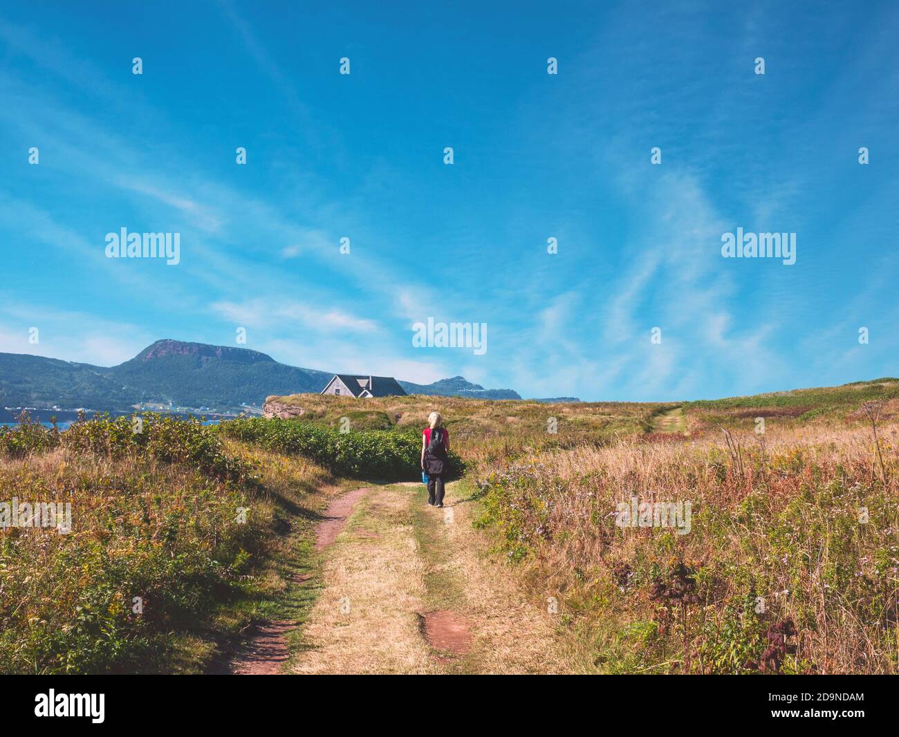 Woman walking on a trail in Bonaventure island bird sanctuary ...