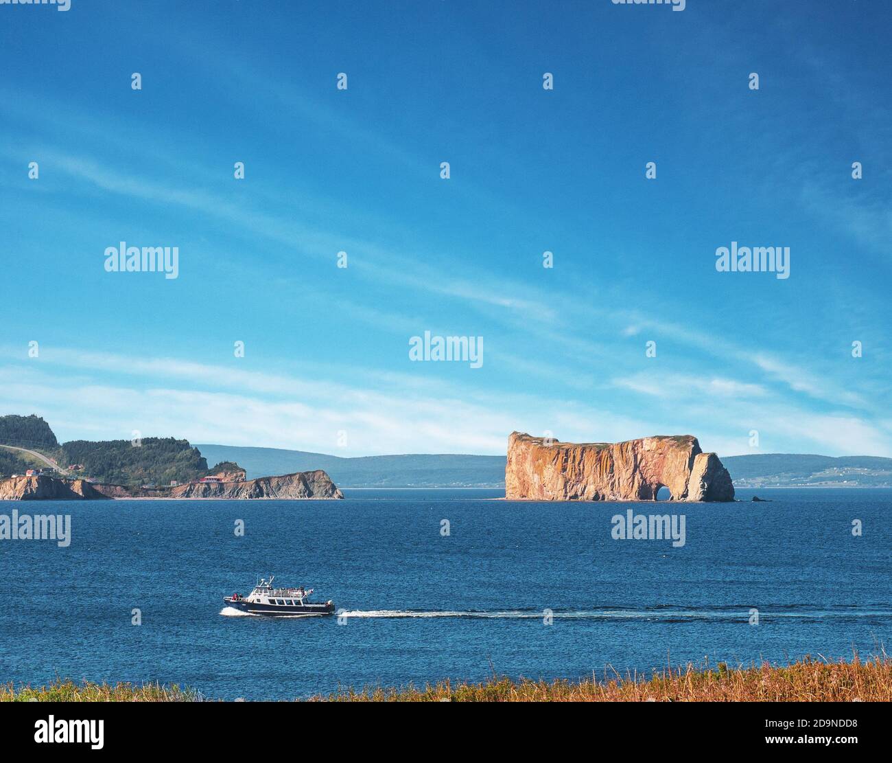 View of the small town of Perce and his famous rock. Gaspesie, Quebec ...