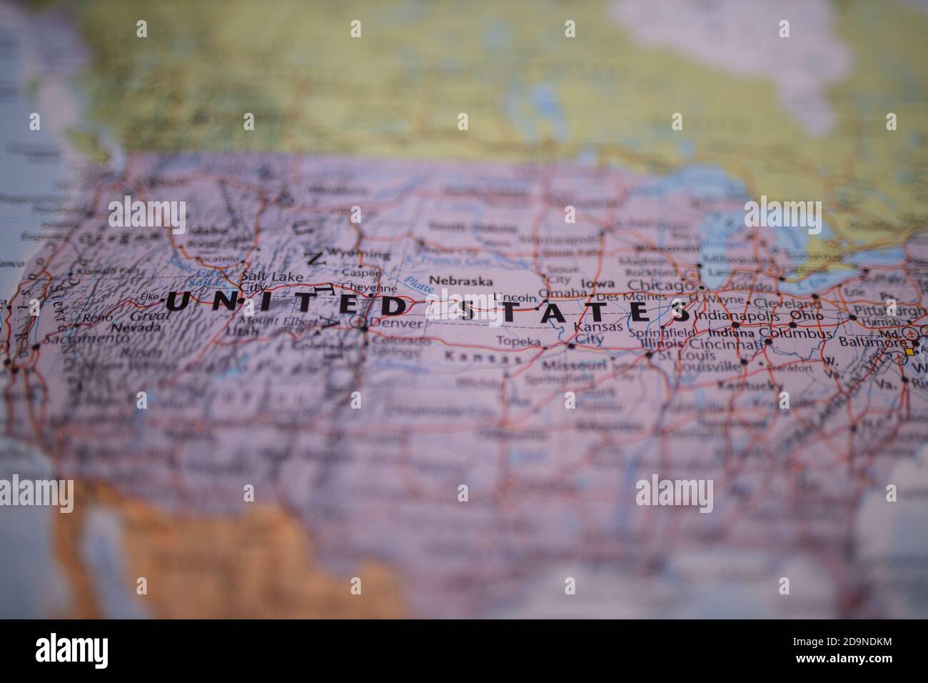 The United States of America on a colorful map with its main routes in ...