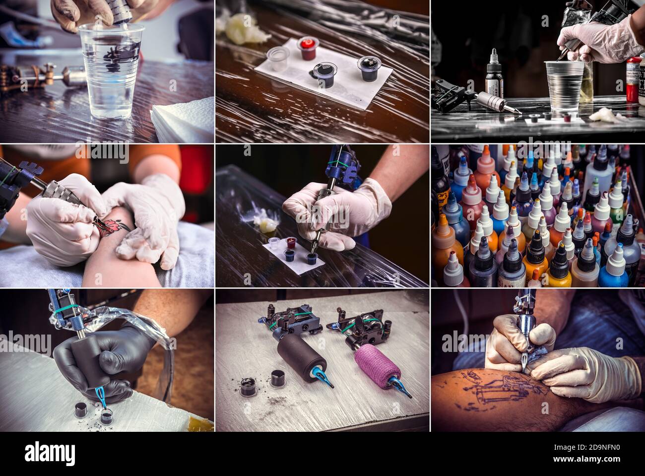Tattooer showing process of making a tattoo in tattoo studio. Collage ...