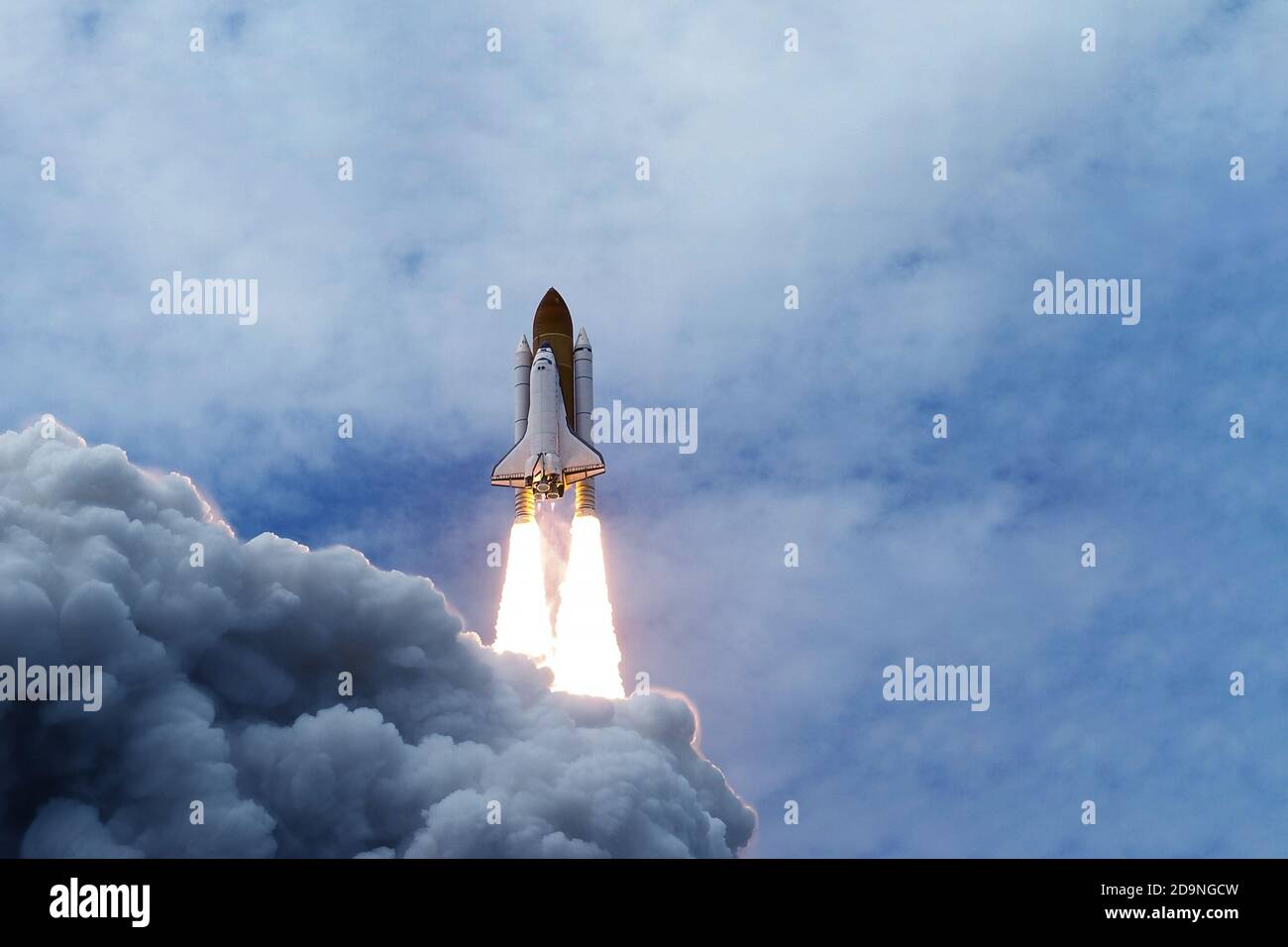 The launch of the space shuttle against the background of the sky and ...