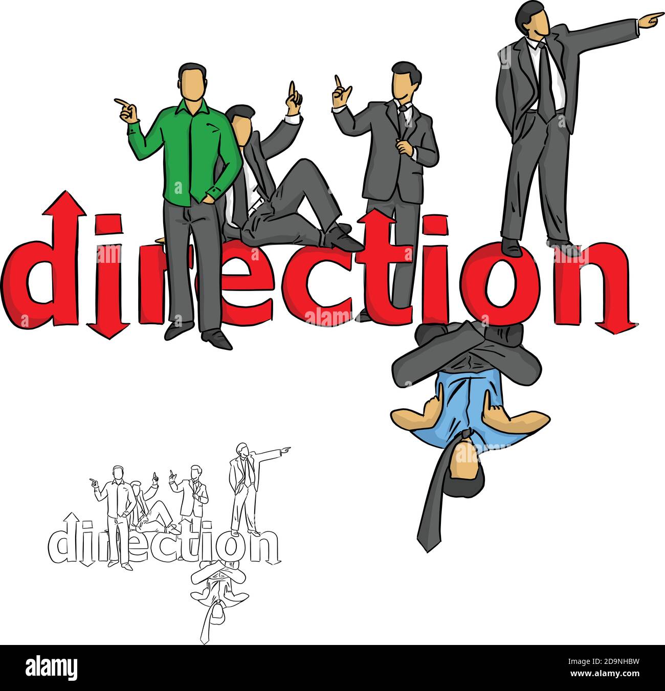 five businessmen pointing on the red word direction vector illustration ...