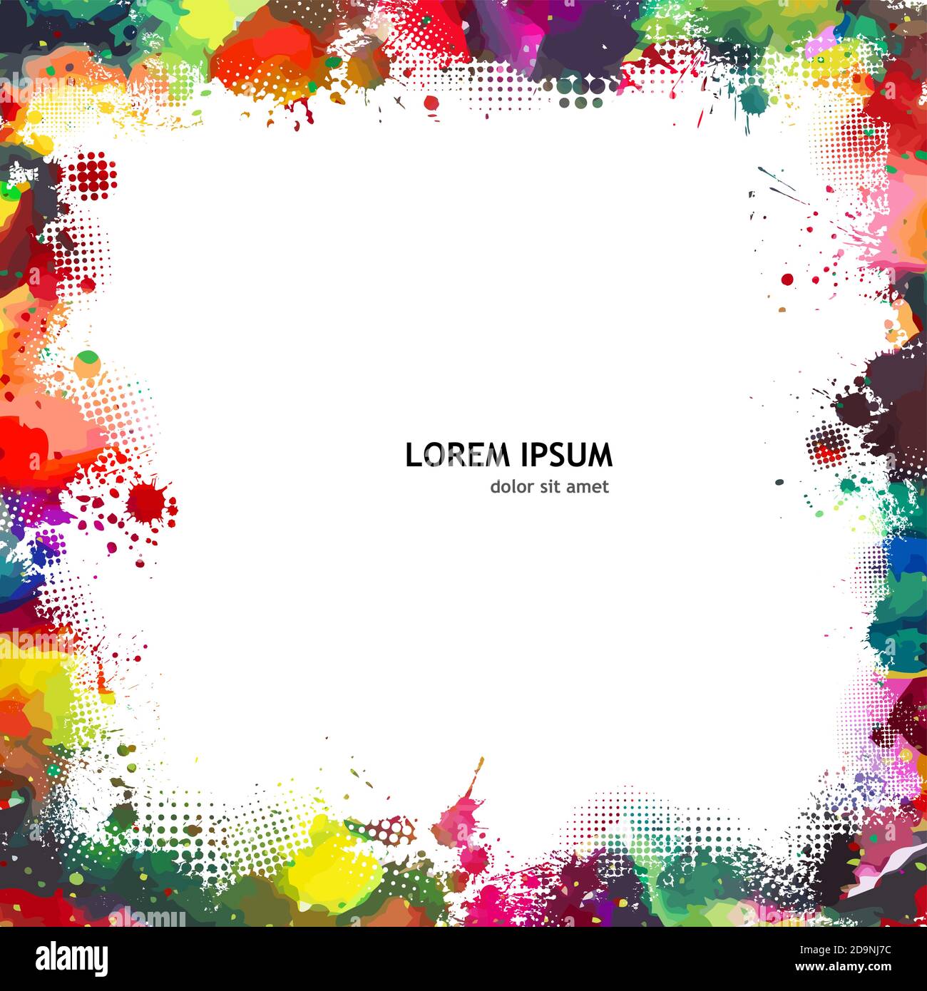 Square multi-colored frame from spots of paint. Background from blots ...