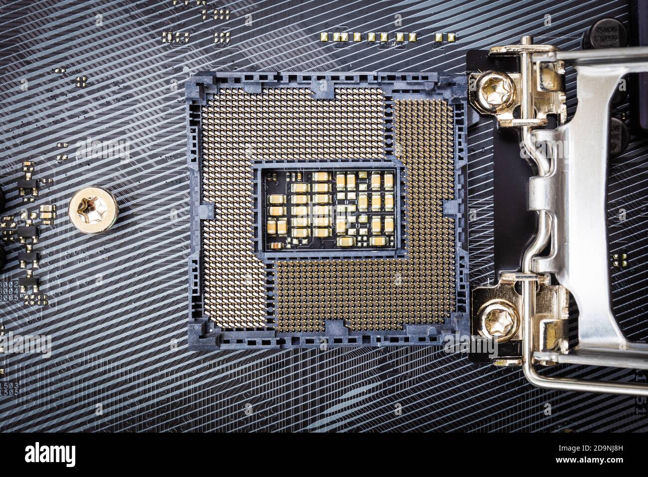 Closeup detail of CPU socket of a modern computer black motherboard ...