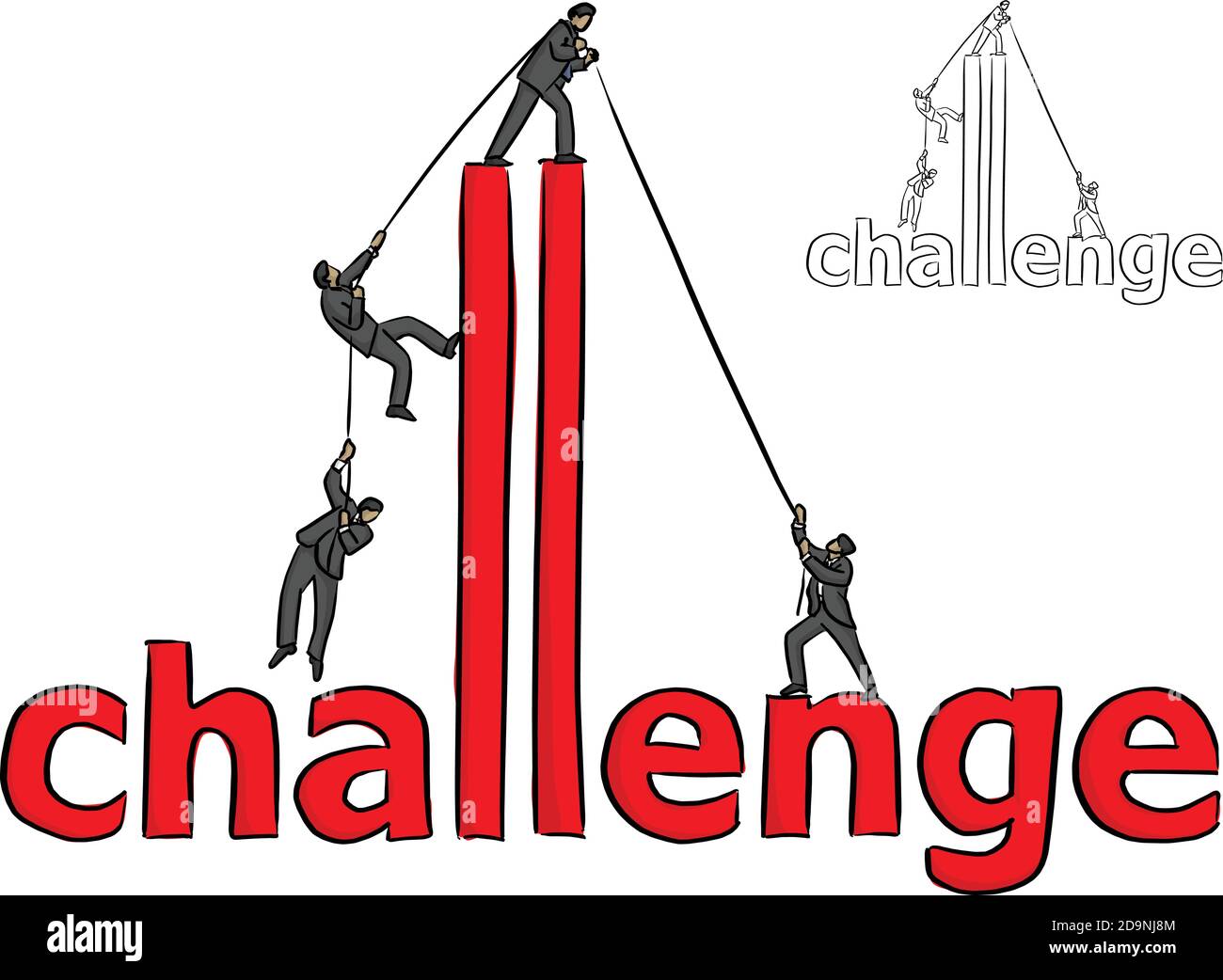 businesspeople helping each other to cross over the red word Challenge ...