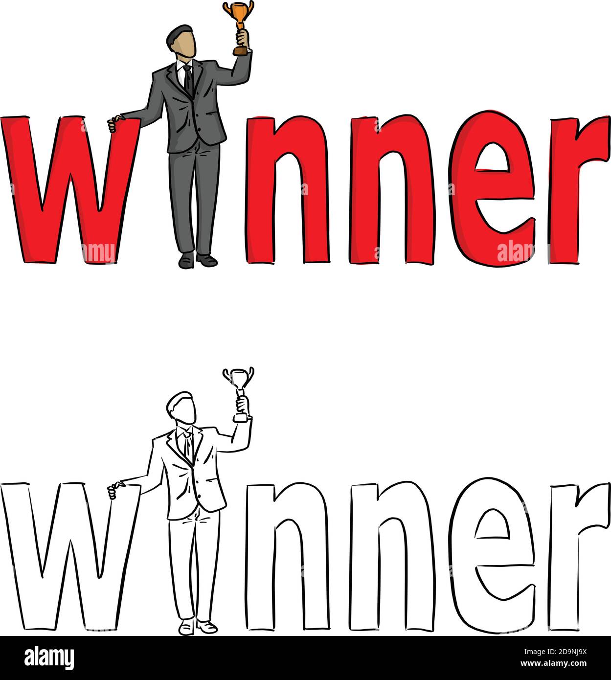 businessman holding a trophy at the red word Winner vector illustration ...