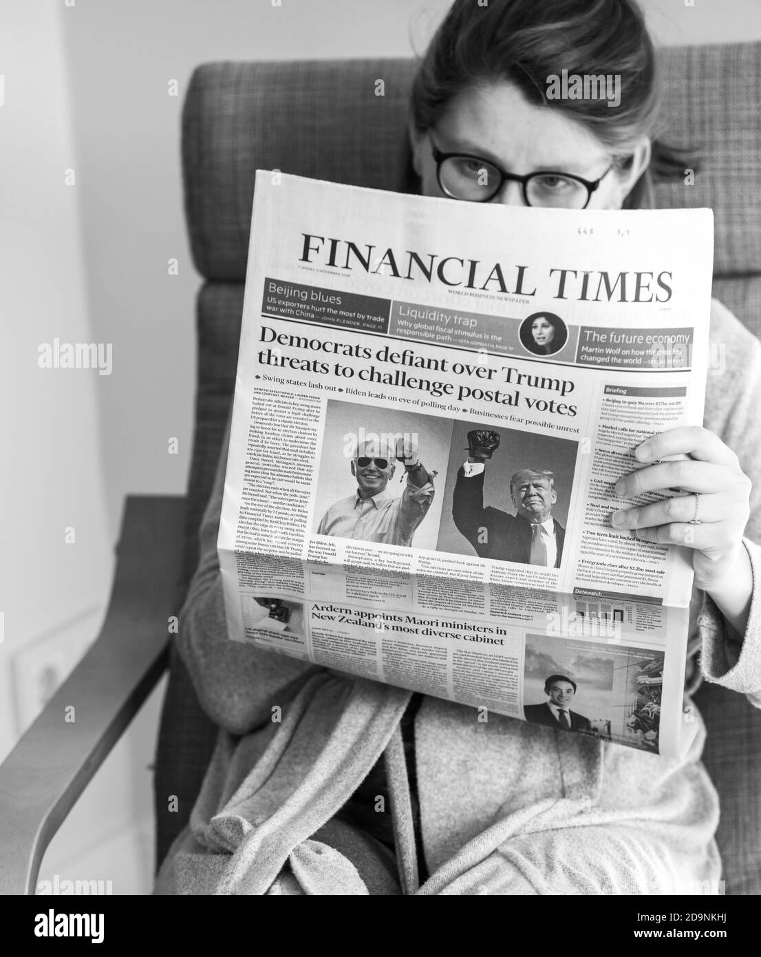 Paris, France - Nov 5, 2020: Black and white image woman reading ...