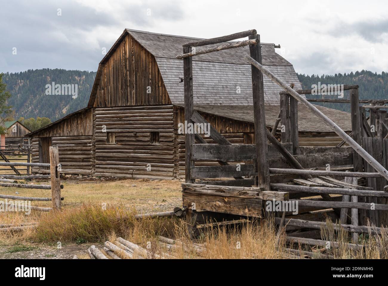Old pole corral and barn of the John Moulton homestead on Mormon Row in ...