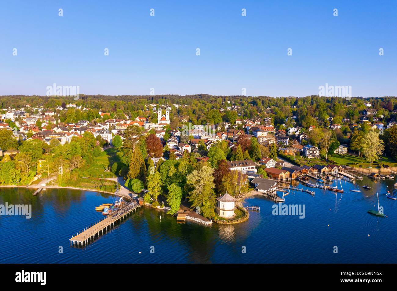 Brahms Pavilion and boathouses on Lake Starnberg, Tutzing, Fünfseenland, aerial view, Upper ...