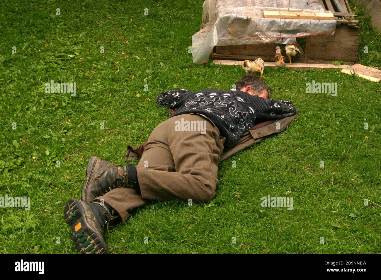 Man napping in the middle of the yard in Romania's countryside Stock ...