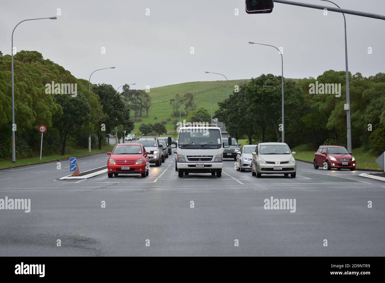 AUCKLAND, NEW ZEALAND - Nov 05, 2020: Front view of cars stopped at ...