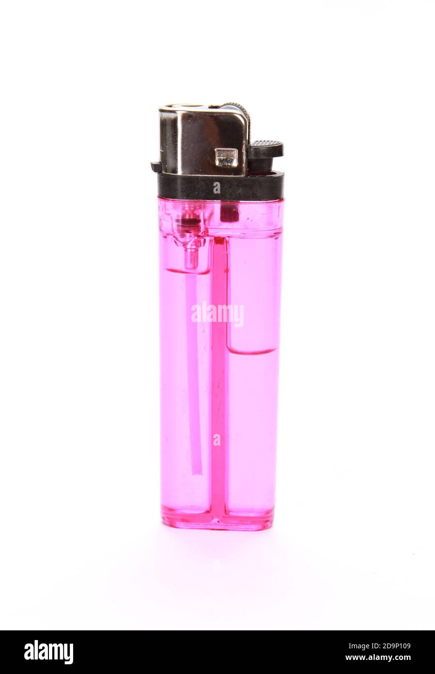 A vertical shot of a pink transparent lighter with lighter fluid ...